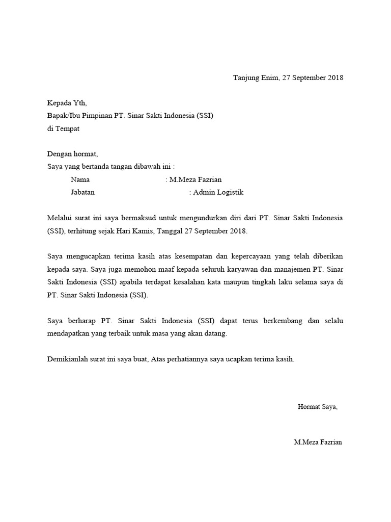 Surat Pengunduran Diri M.Meza Fazrian | PDF | Pengelolaan Keuangan & Uang