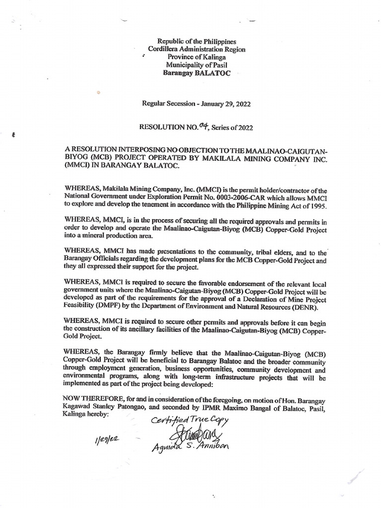 Barangay Resolution No. 04, Series of 2022 Interposing No Objection ...
