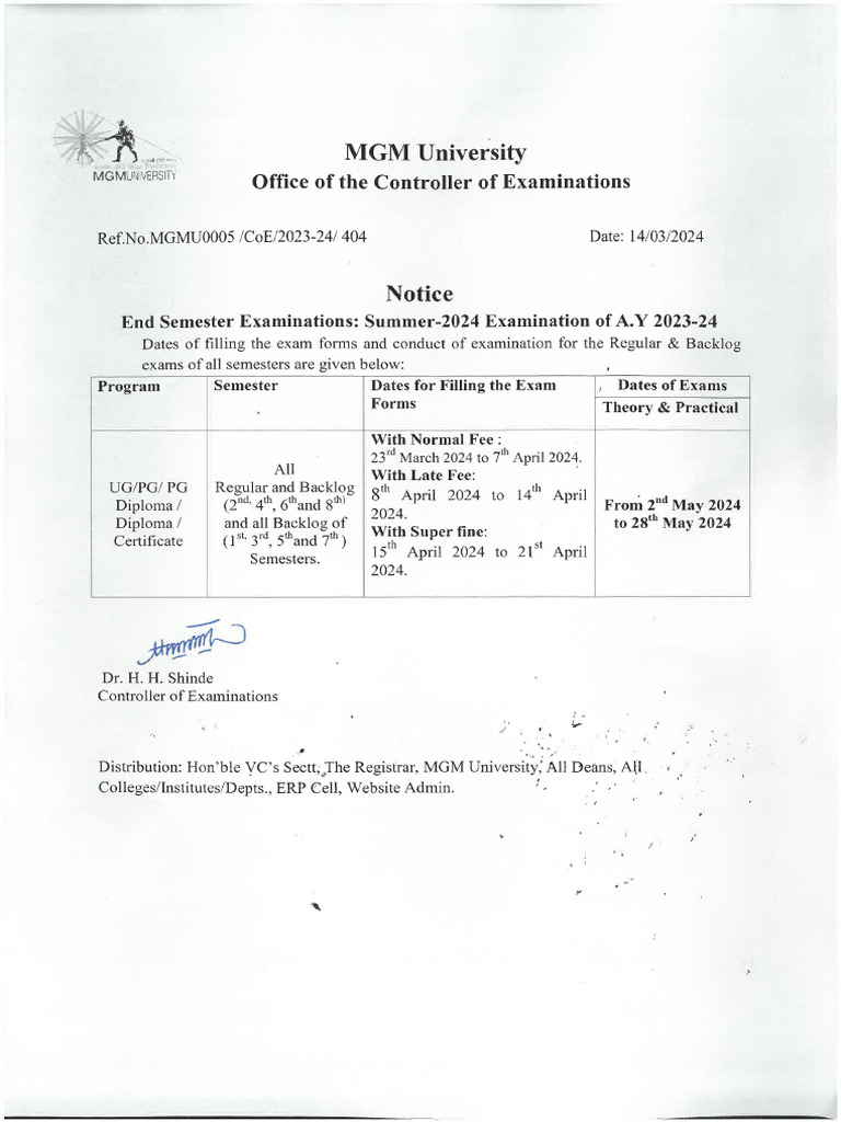 Notice of Examination Schedule of Summer - 2024 | PDF