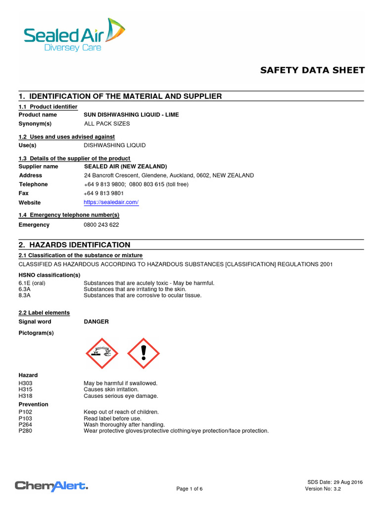 Msds Sunlight Lime Odor | PDF | Dangerous Goods | Toxicity