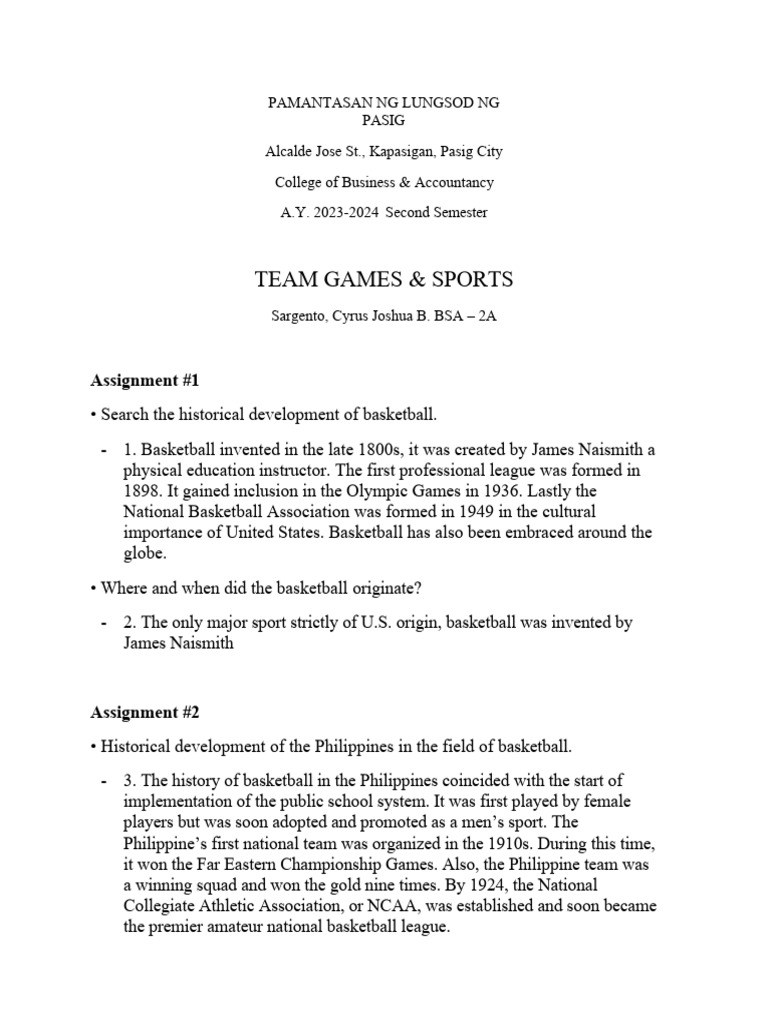 Team Games and Sports Assignment | PDF | Sports | Team Sports