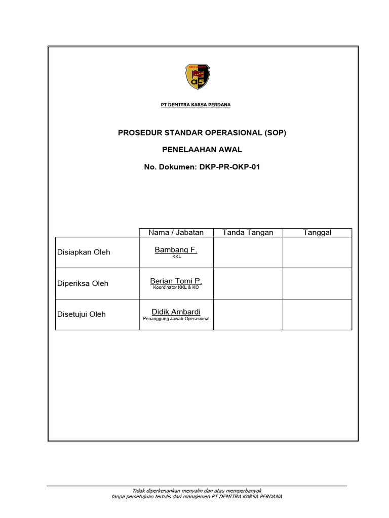 DKP-PR-OKP-01 Prosedur Penelaahan Awal | PDF