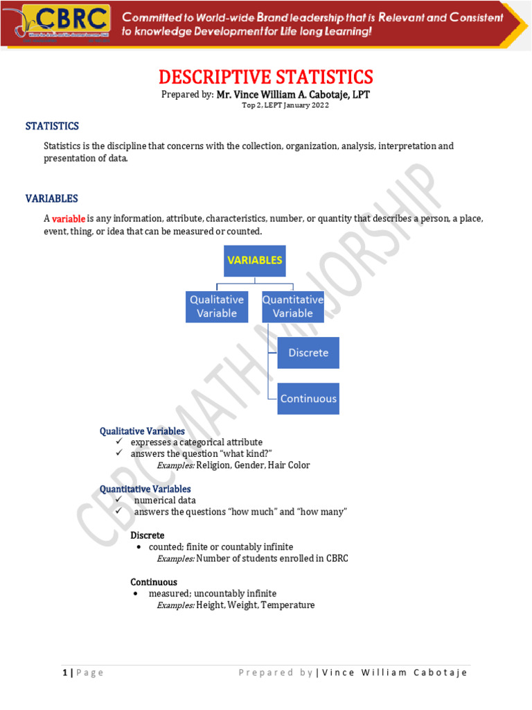 Descriptive Statistics - Handout | PDF | Quartile | Level Of Measurement