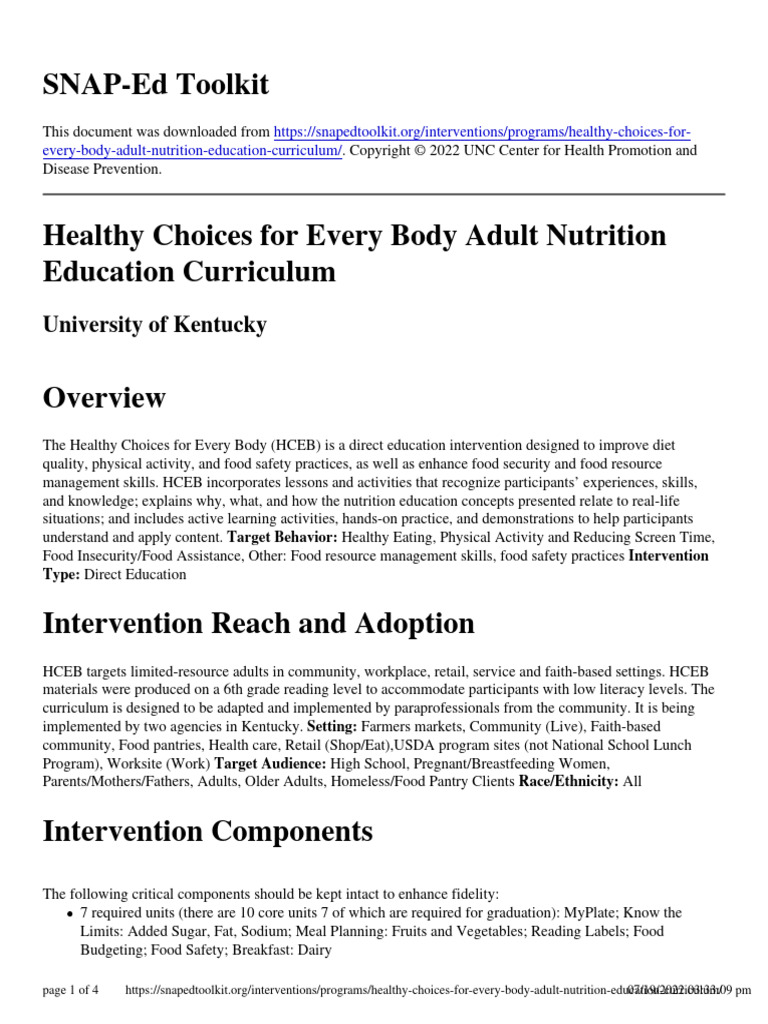 Healthy Choices For Every Body Adult Nutrition Education Curriculum ...