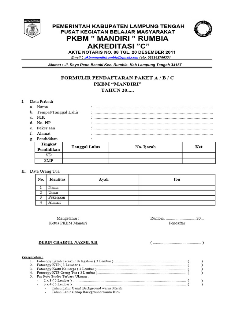 Formulir Pendaftaran PKBM | PDF