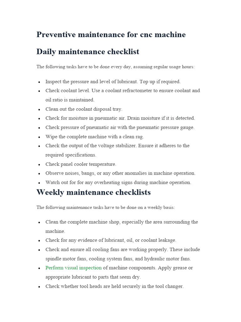 CNC Machine Daily Maintenance Checklist | PDF | Lubricant | Coolant