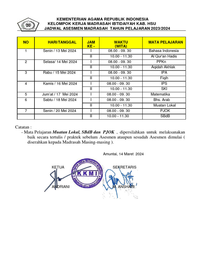 Jadwal Asesmen MI HSU 2024 Ok | PDF