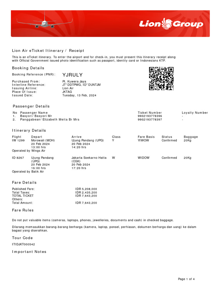 Lion Air eTicket Itinerary Feb 2024 | PDF | Civil Aviation | Airlines