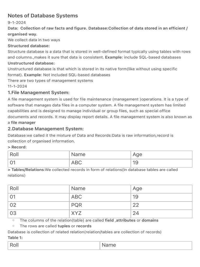 Notes of Database Systems | PDF | Relational Database | Databases