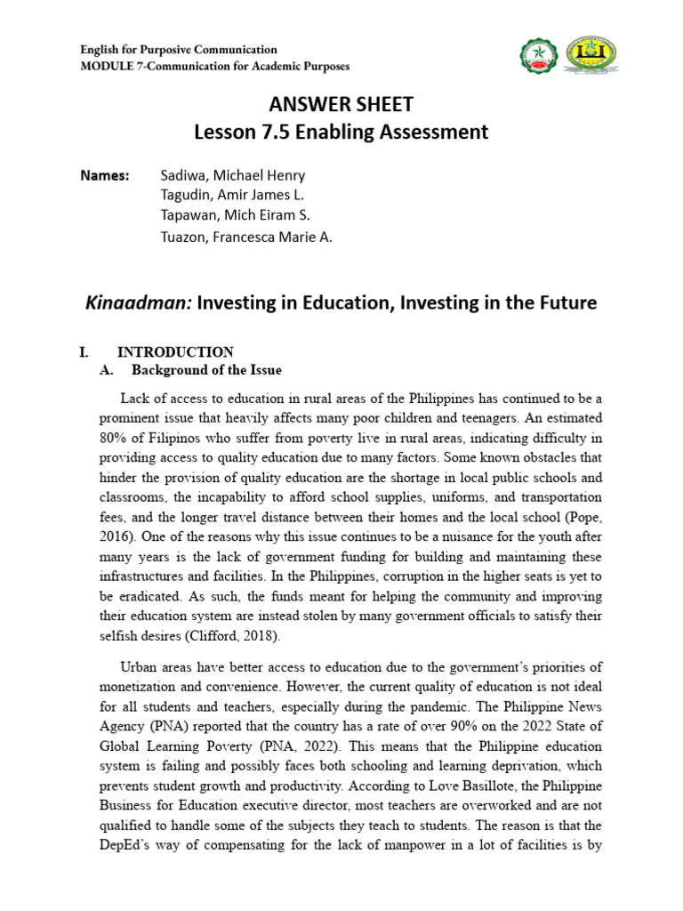 (G-Engl101) Module 7-Enabling Assessment Answer Sheet-Lesson 7.5 | PDF ...
