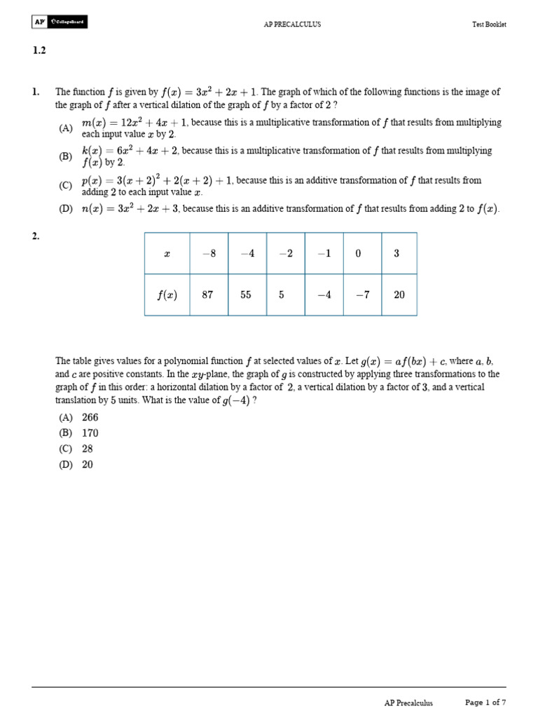 AP Precalculus Transformations Test | PDF | Function (Mathematics ...