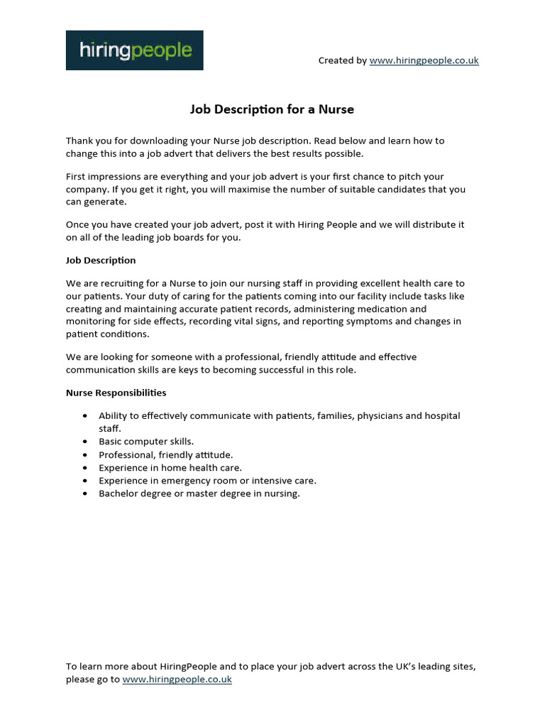 Nurse Job Description | PDF | Nursing | Patient