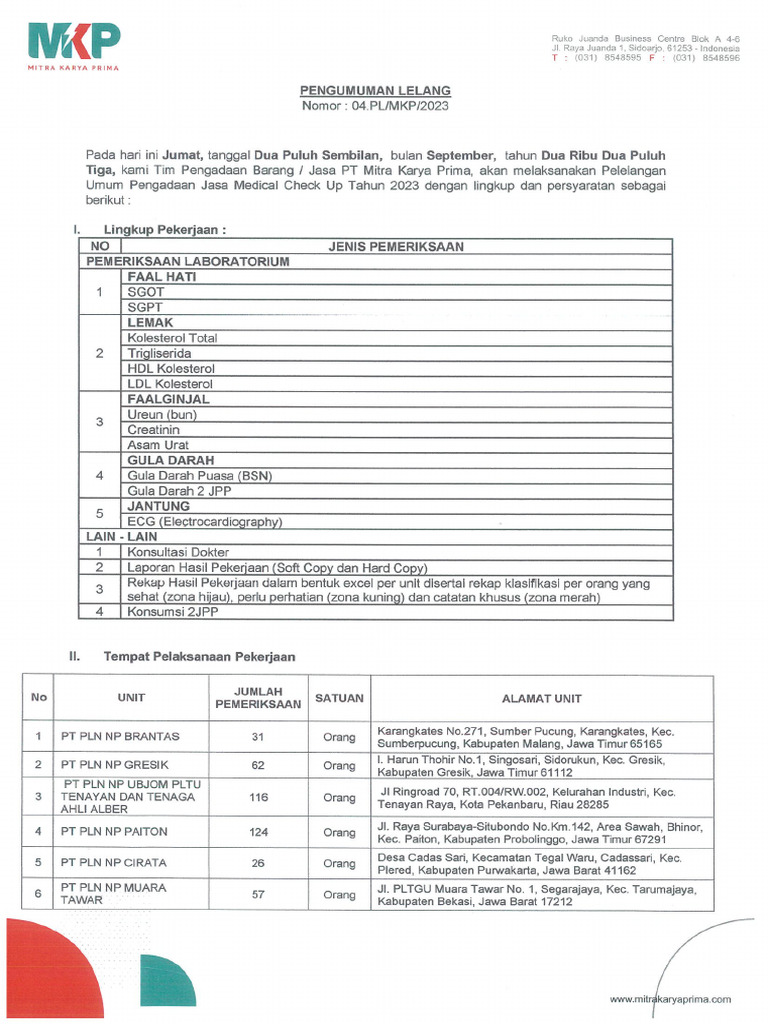 Pengumuman Lelang Pengadaan Medical Check Up PT MKP 2023 | PDF
