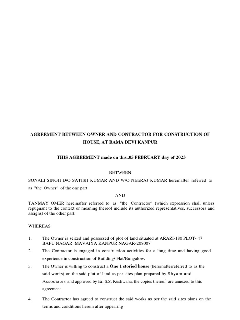 Agreement Between Owner and Contractor For Construction of House, Flat ...