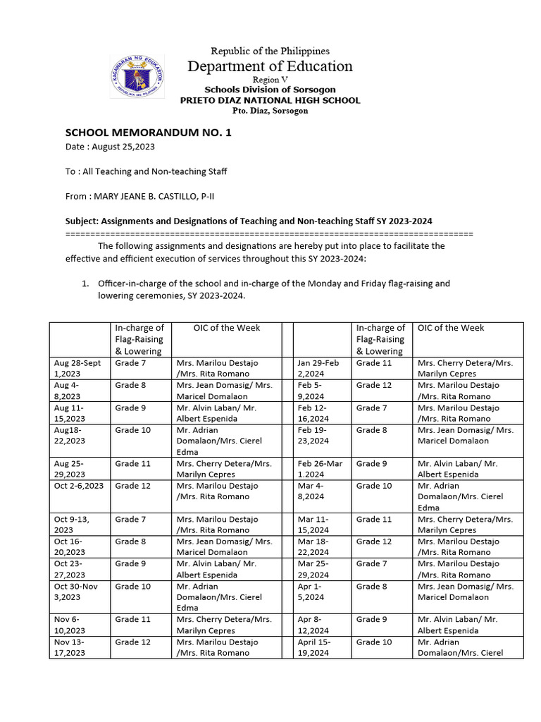 SCH Memo For Designation of Assignements and Special Tasks | PDF