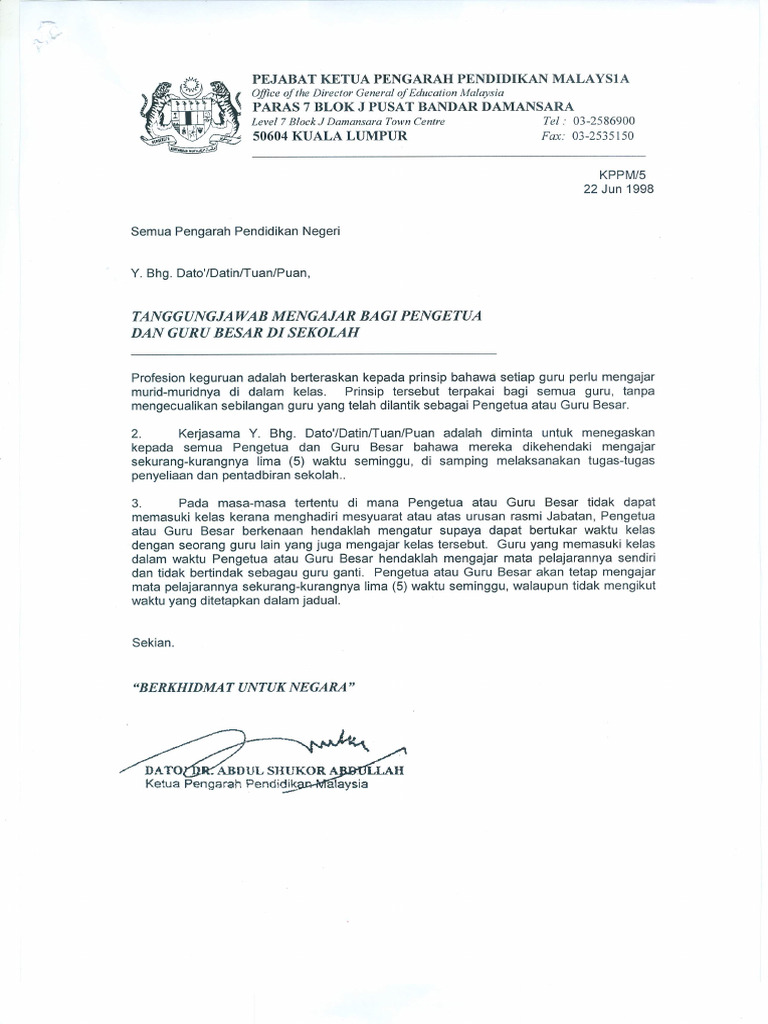 Surat Siaran KPPM Bil.5-1998 - Tanggungjawab Mengajar Bagi Pengetua Dan ...