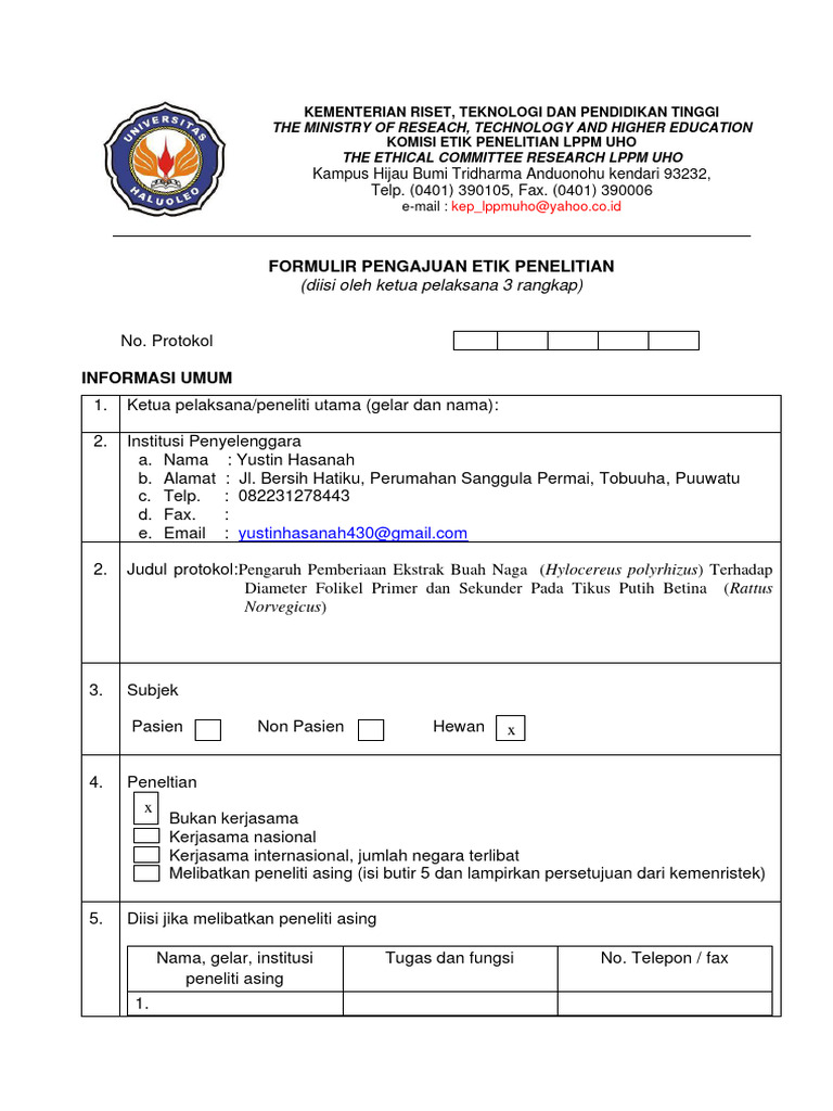 Formulir Pengajuan Etik - Hewan | PDF