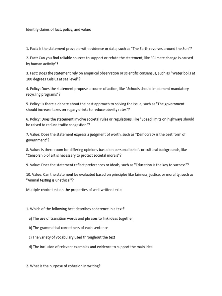 Quiz On Reading and Writing | PDF | Essays | Paragraph