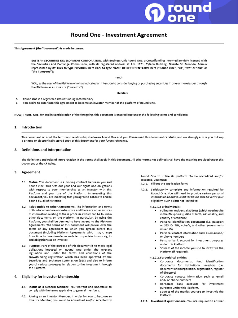 R1 Investment Agreement | PDF | Securities (Finance) | Investing