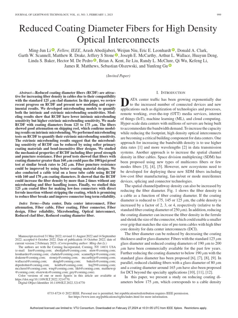 Reduced Coating Diameter Fibers For High Density Optical Interconnects ...