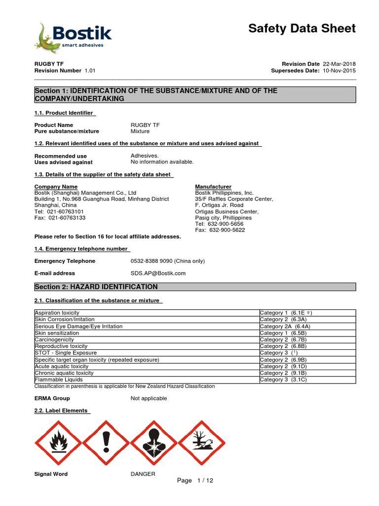 Bostik Philippines Rugby Original Safety Data Sheet | PDF | Personal ...