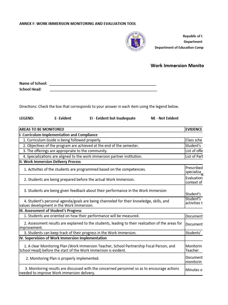 Work Immersion Monitoring and Evaluation Tool | PDF | Monitoring And ...