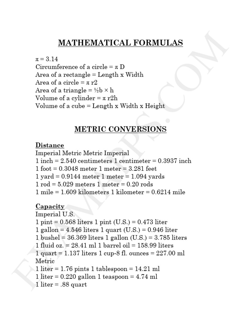Math & Metric Conversion Formulas | PDF | Gallon | Thermal Expansion