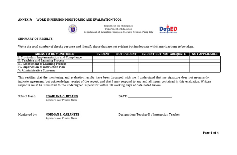 Annex F Work Immersion Monitoring and Evaluation Tool | PDF