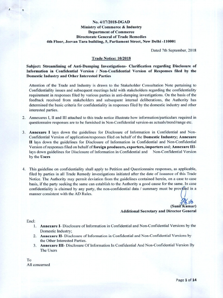 Trade_Notice_onConfidentiality | PDF | Information | Dumping (Pricing ...