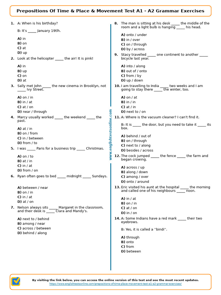 Prepositions Test A1-A2 Grammar | PDF