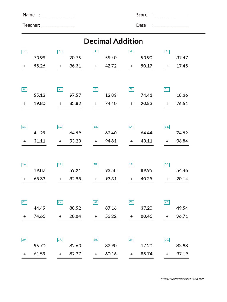 Decimal Addition Worksheet with Answers | PDF | Chess | Chess Theory