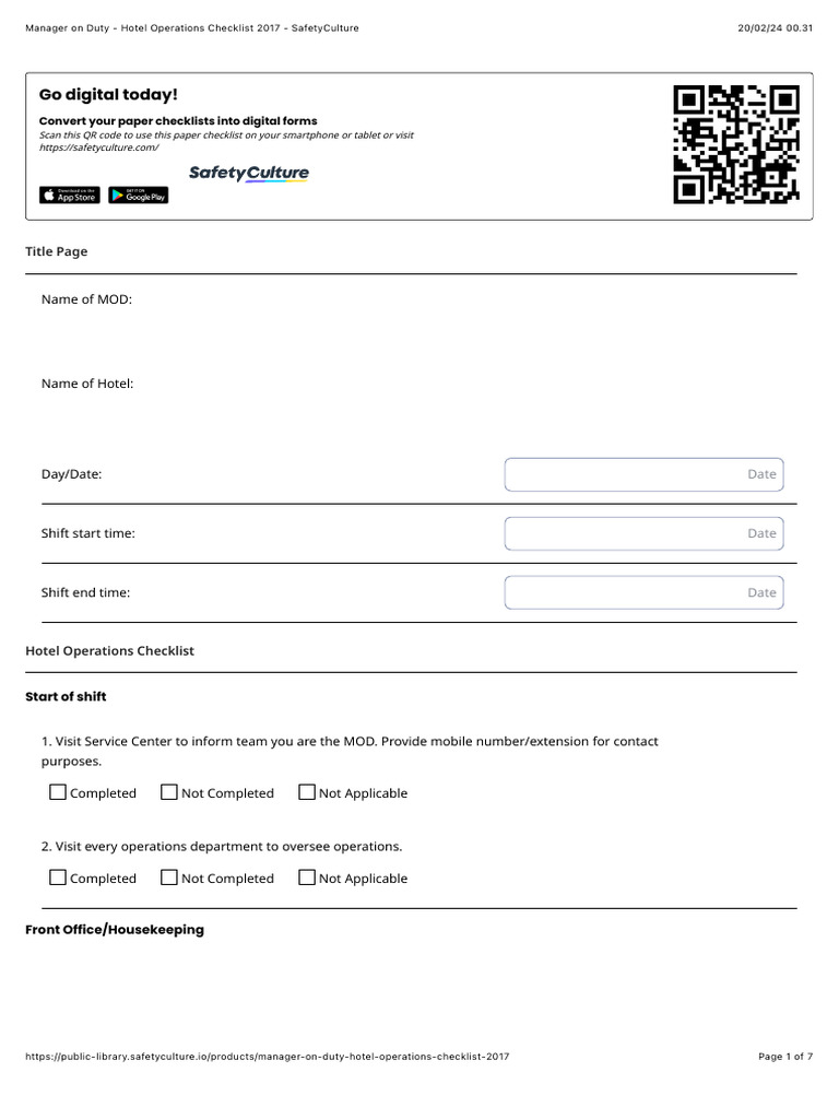 Hotel Operations Manager Checklist | PDF | Technology & Engineering