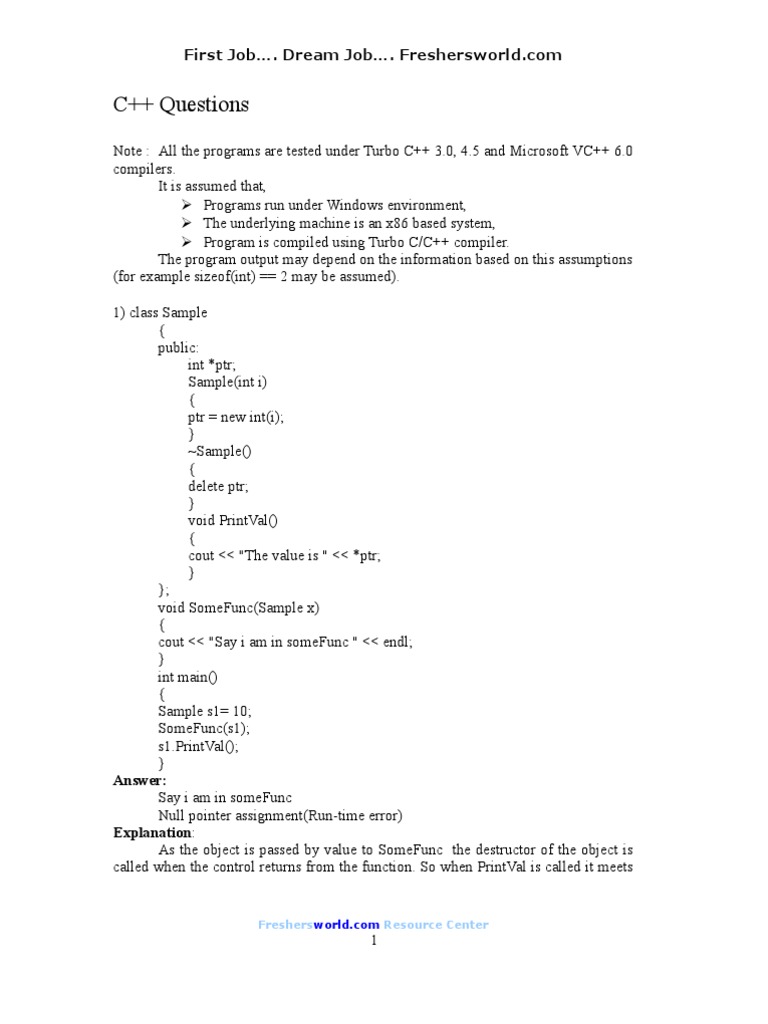 C++ Questions: Freshers Resource Center | PDF | Class (Computer Programming) | Pointer (Computer ...
