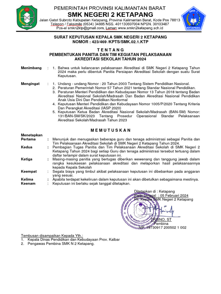 SK Tim Akreditasi 2024.PEMBENTUKAN PANITIA DAN TIM KEGIATAN PELAKSANAAN AKREDITASI SEKOLAH TAHUN ...