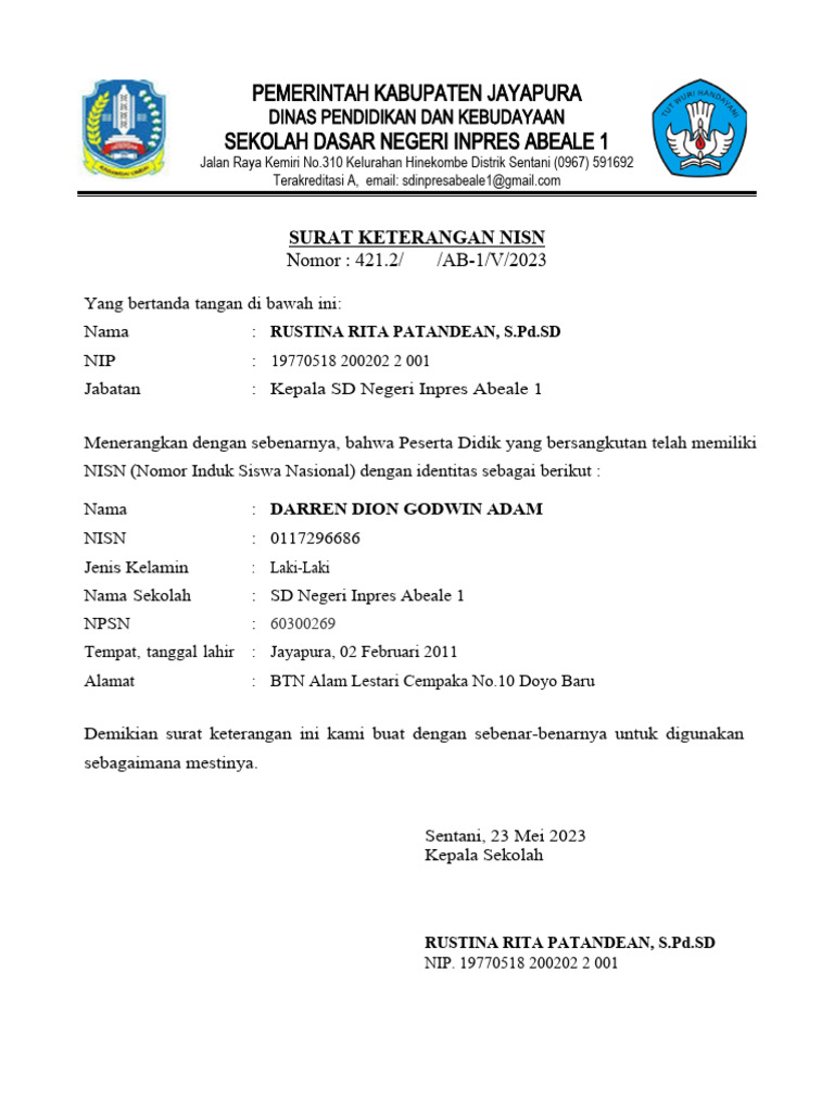 SURAT KETERANGAN NISN | PDF