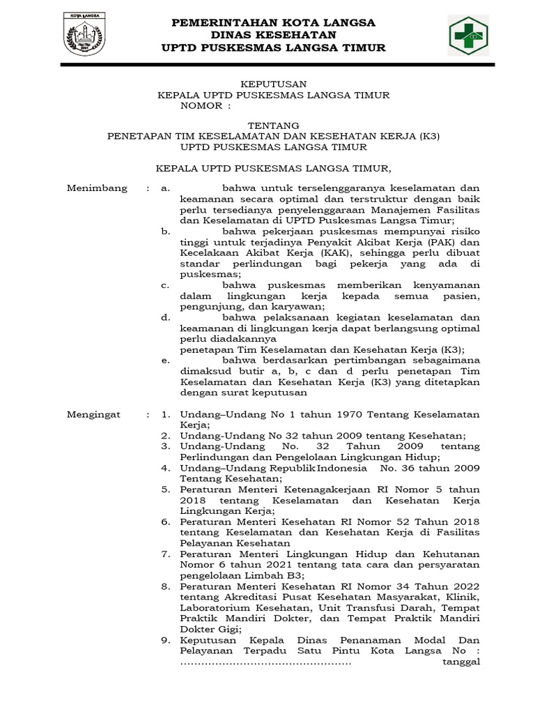 Tim K3 UPTD Puskesmas Langsa Timur | PDF | Teknologi & Rekayasa