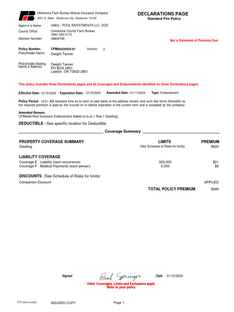 Declarations Page: Dwight Tanner | PDF | Insurance | Deductible