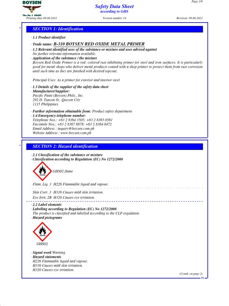 Boysen B-310 Red Oxide Metal Primer SDS | PDF | Dangerous Goods | Toxicity
