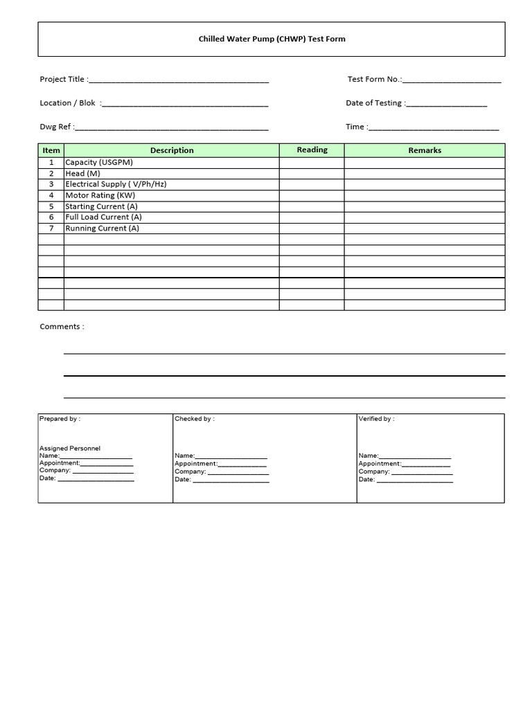 Chilled Water Pump Test Form | PDF