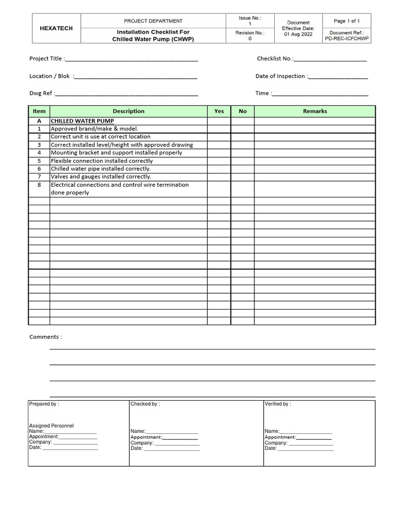 Chilled Water Pump Inspection Checklist | PDF | Technology & Engineering