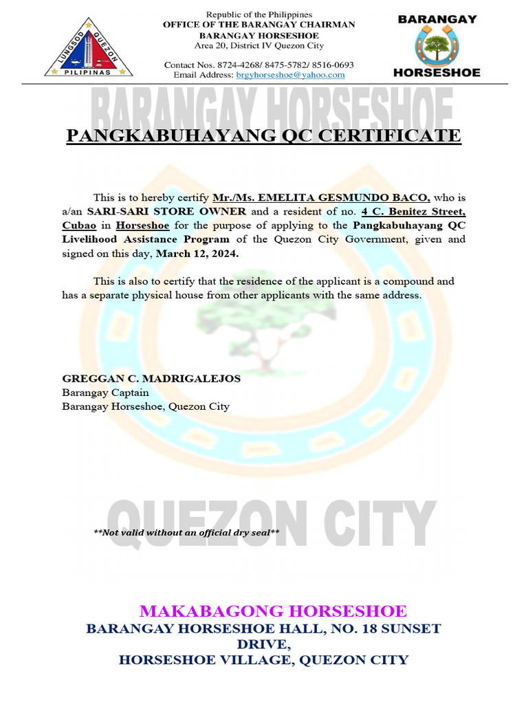 Pangkabuhayang QC Certificate | PDF