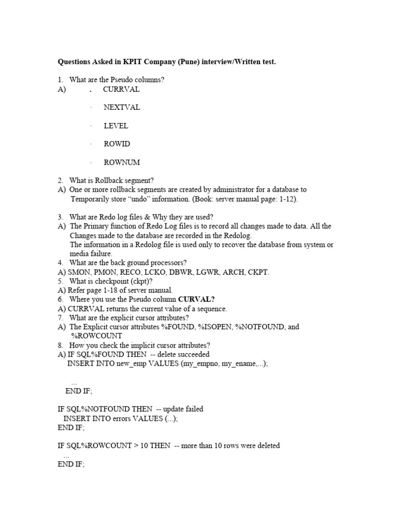 KPIT Interview | PDF | Databases | Sql