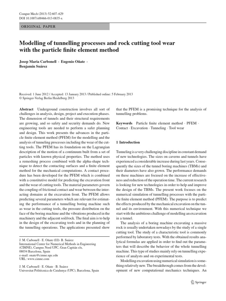 Modelling of Tunnelling Processes and Rock Cutting Tool Wear With The Particle Finite Element ...