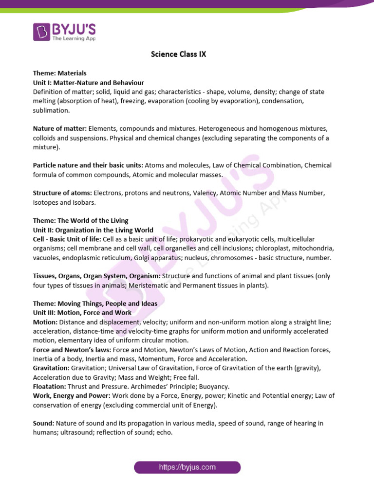 Syllabus For Class 9 Science Cbse | PDF | Cell (Biology) | Force