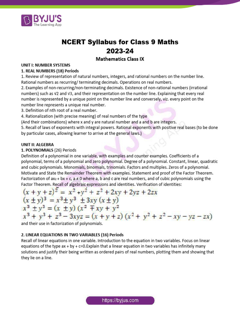 Maths Class 9 Cbse Sullabus | PDF | Line (Geometry) | Polynomial
