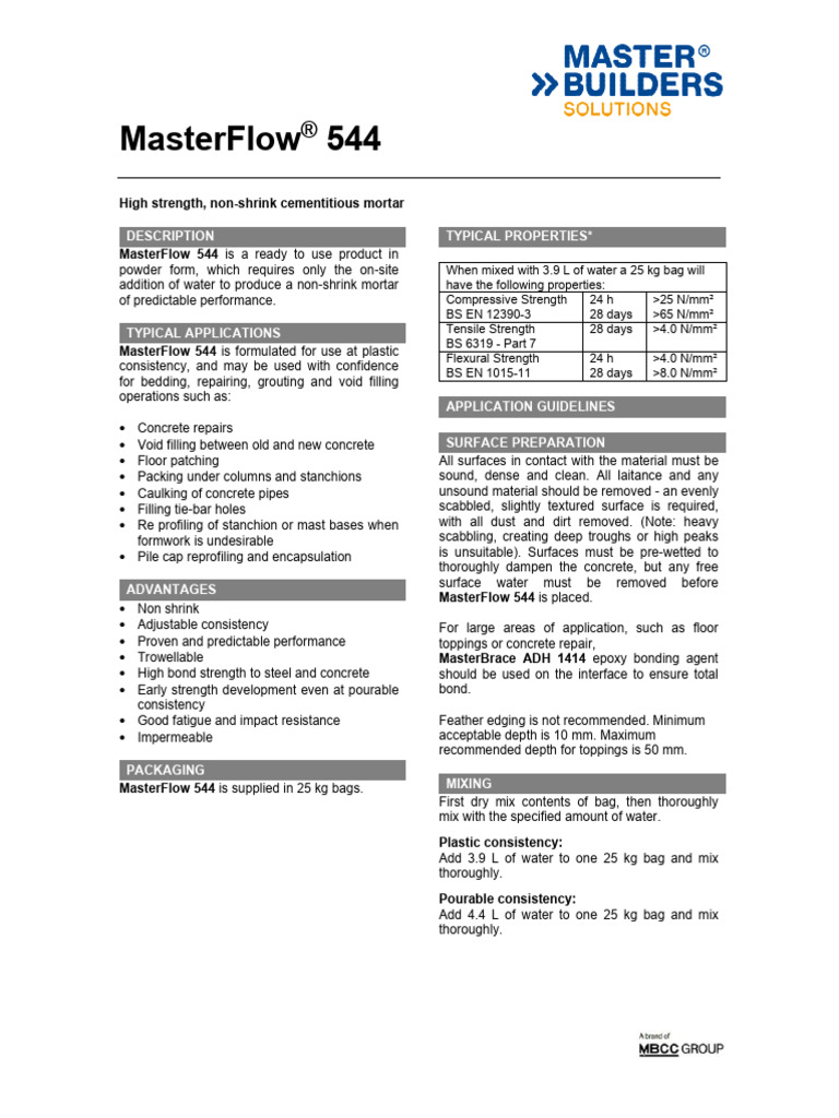 Masterflow 544 Tds | PDF | Concrete | Materials