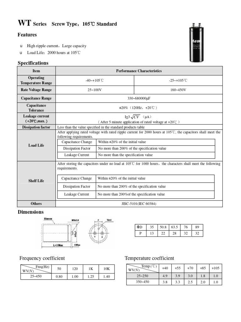 Acon (Screw Terminal) WT Series | PDF | Capacitor | Capacitance