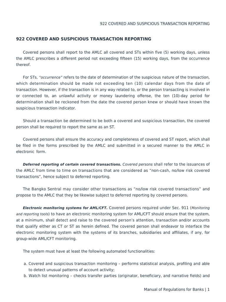 922 Covered and Suspicious Transaction Reporting | Download Free PDF ...