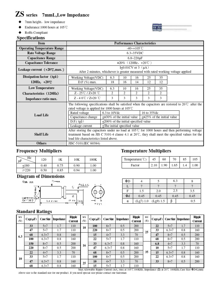 Acon (Radial Thru-Hole) ZS Series | PDF | Capacitor | Capacitance