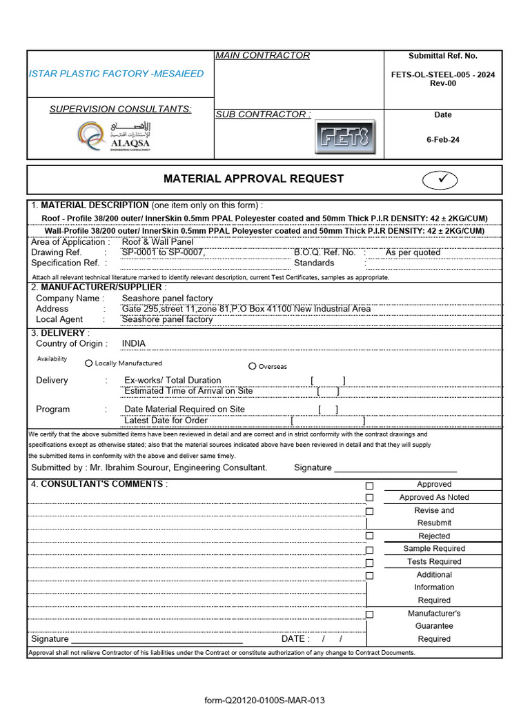 Material Approval for Seashore Panels | PDF